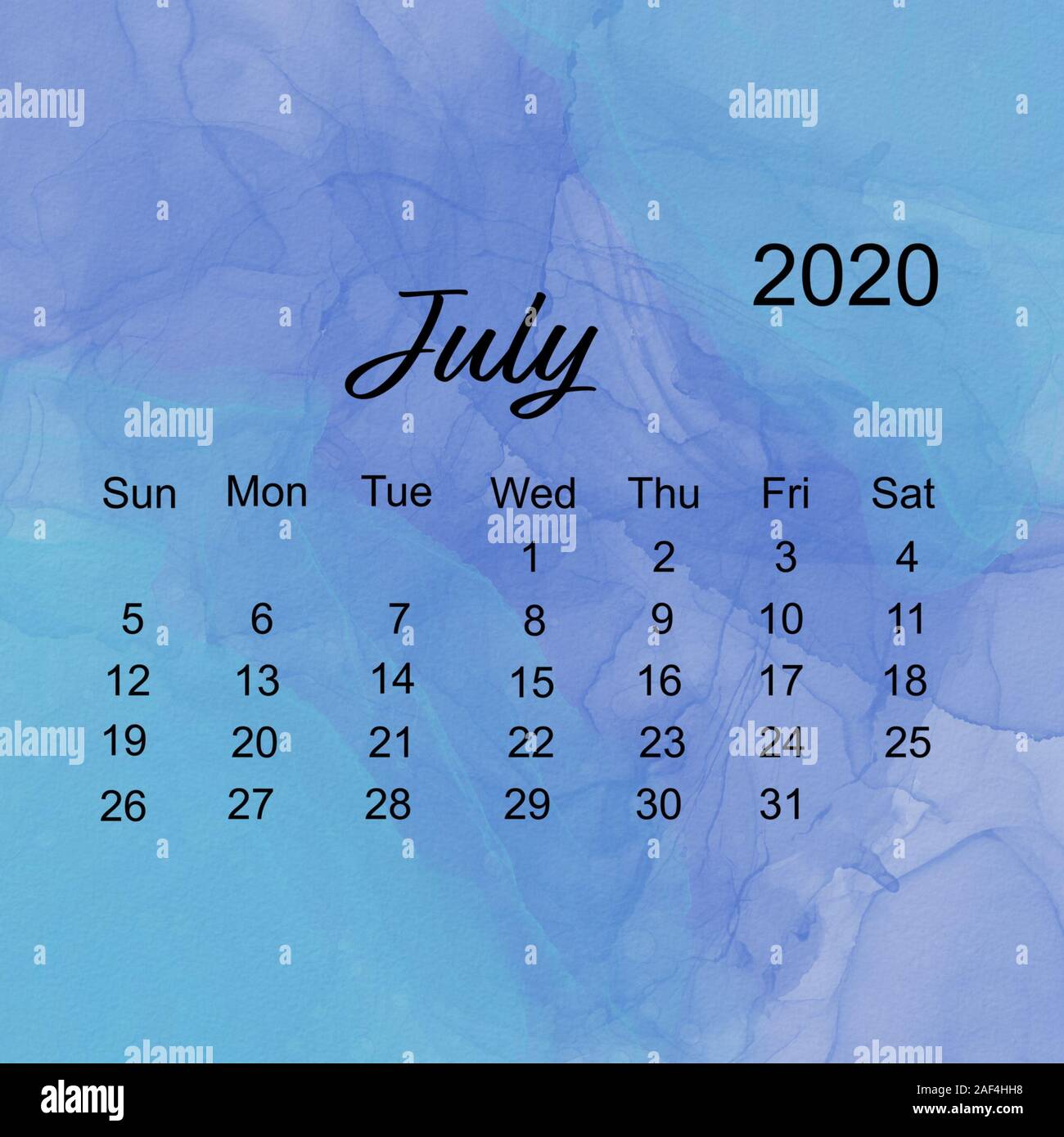 July - Simple calendar layout for 2020 the Week starts on Sunday with ...
