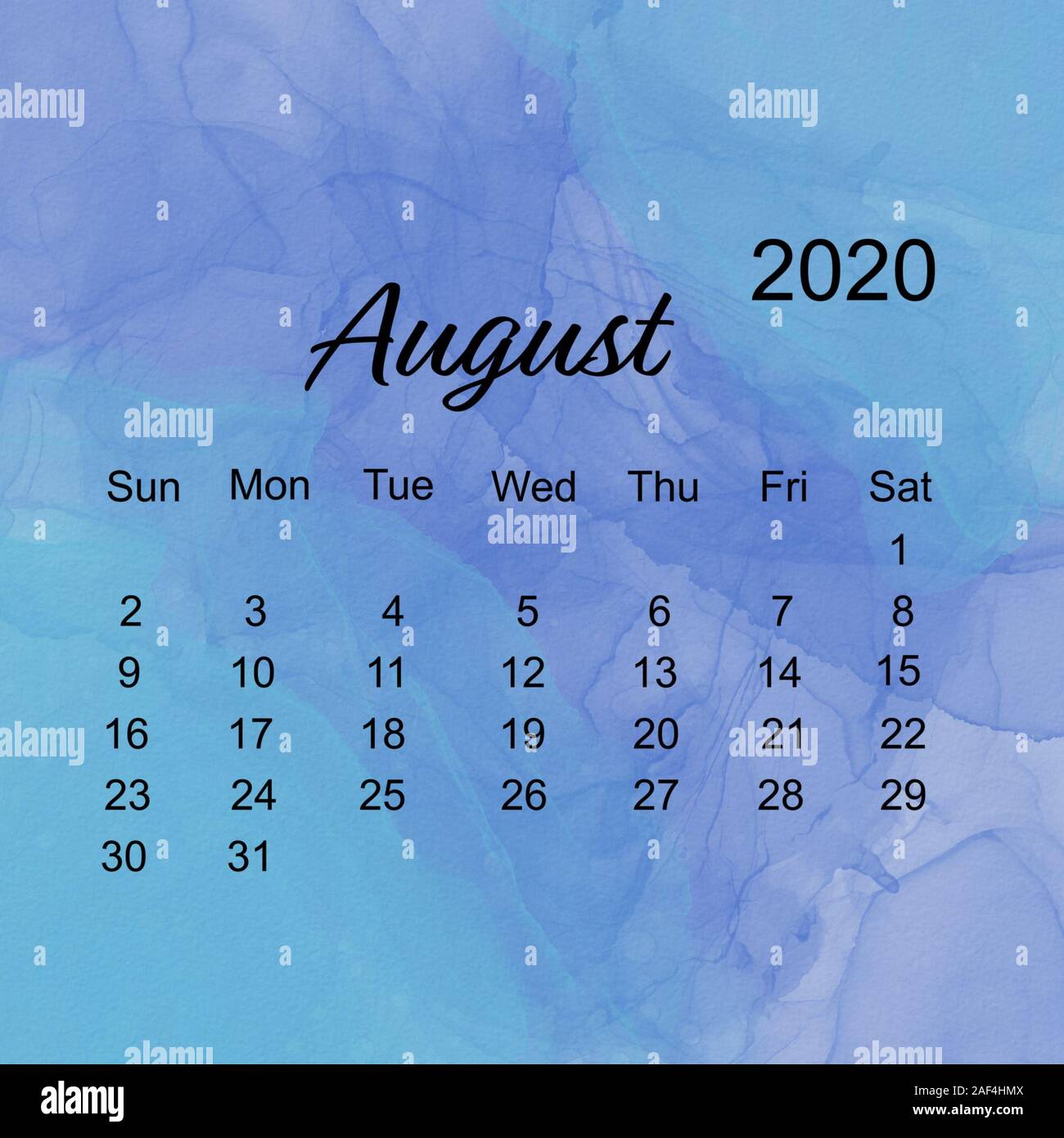 August - Simple calendar layout for 2020 the Week starts on Sunday with ...