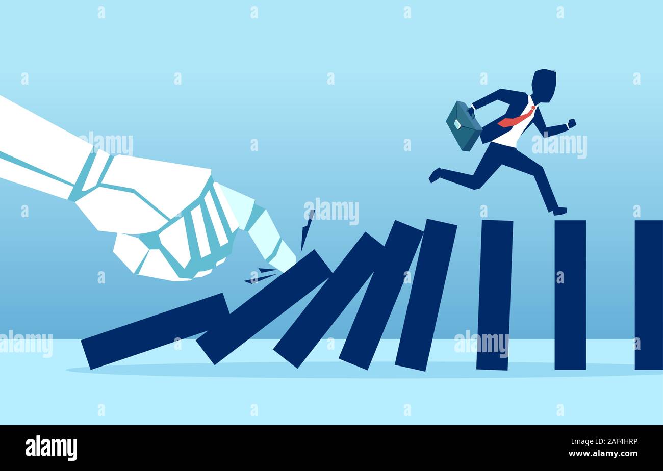 Vector of a robot hand pushing dominoes while businessman runing away ...