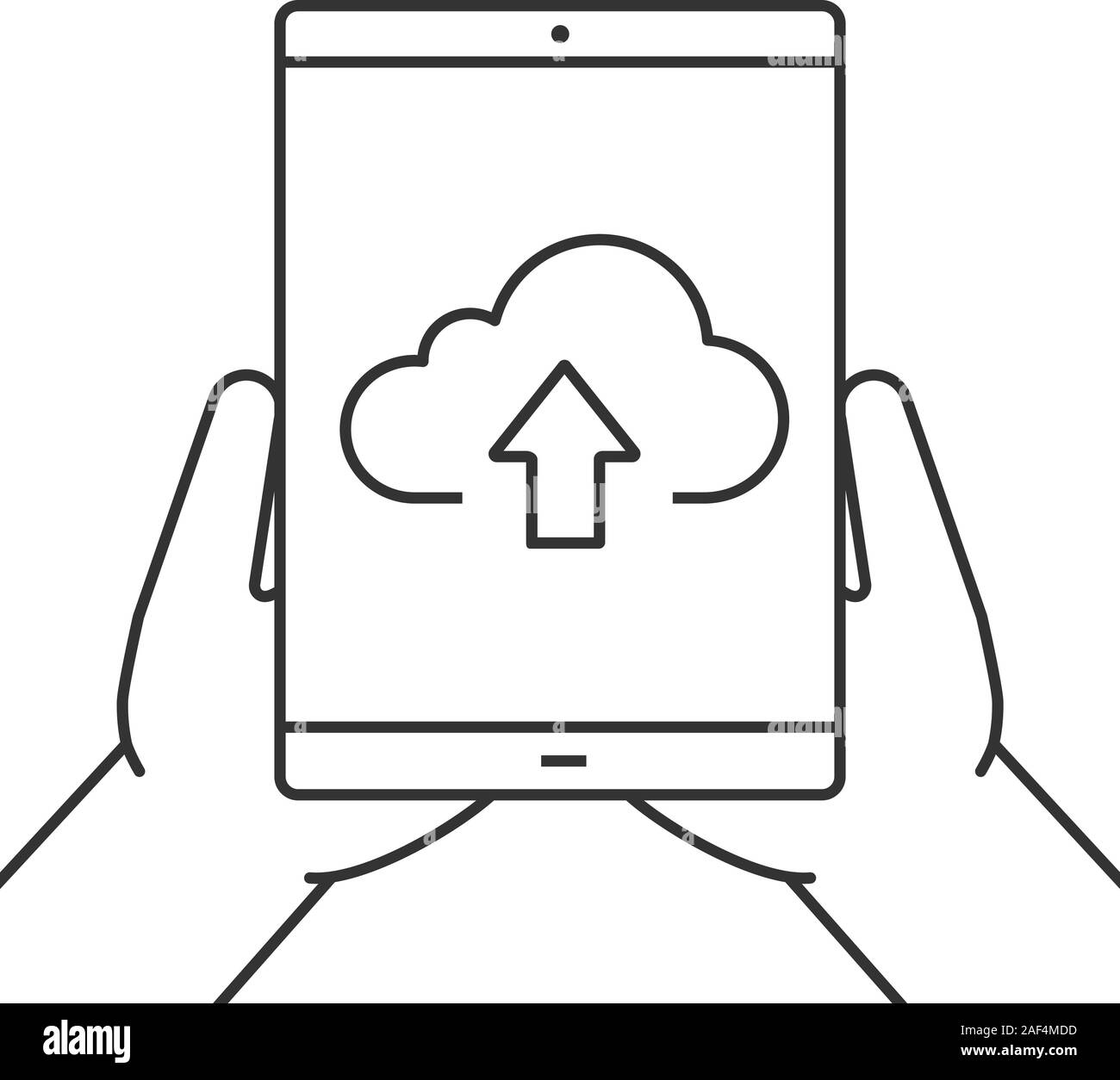 Hands holding tablet computer linear icon. Cloud computing. Thin line illustration. Tablet ...