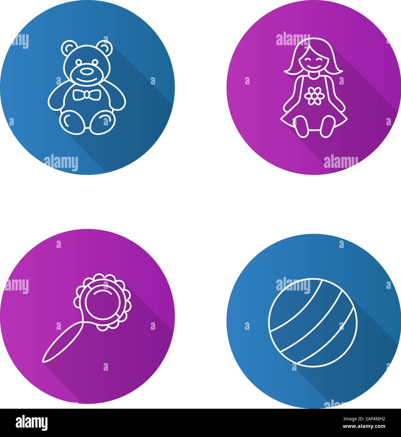 Kids toys flat linear long shadow icons set. Teddy bear, baby doll ...