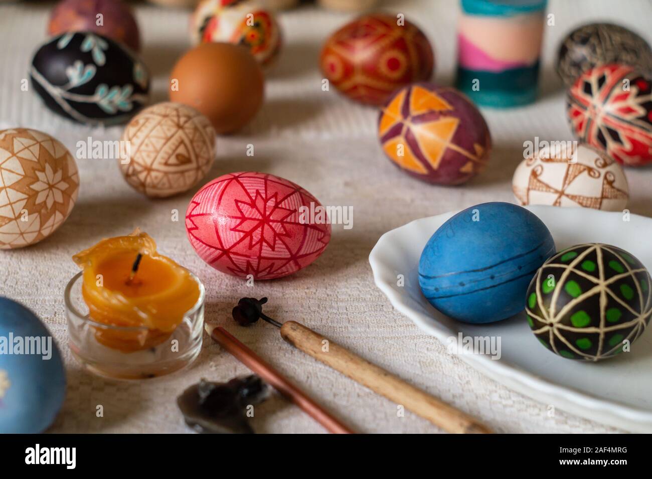 Multicolored traditional Ukrainian Easter eggs with a traditional ...