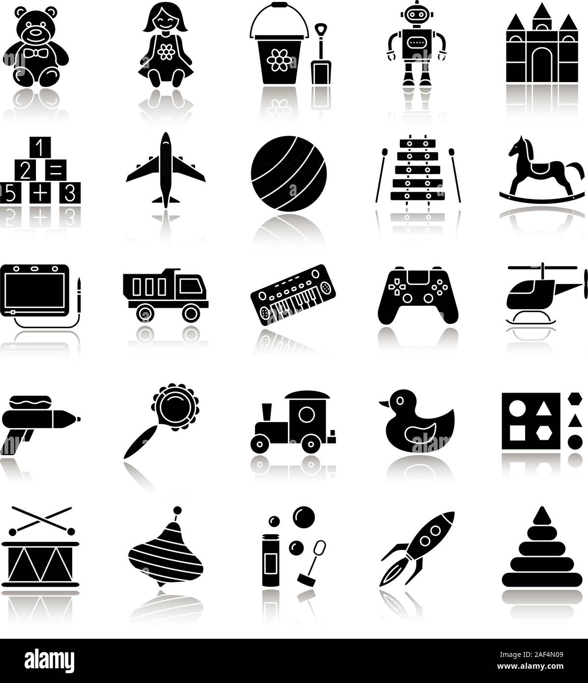 Kids toys drop shadow black glyph icons set. Educational games ...