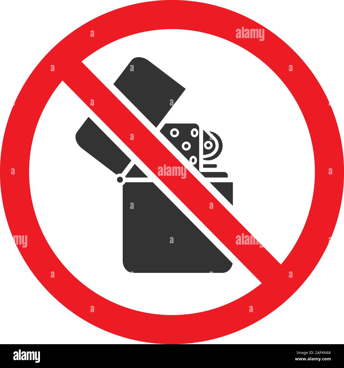Forbidden sign with flip lighter glyph icon. Stop silhouette symbol. No ...