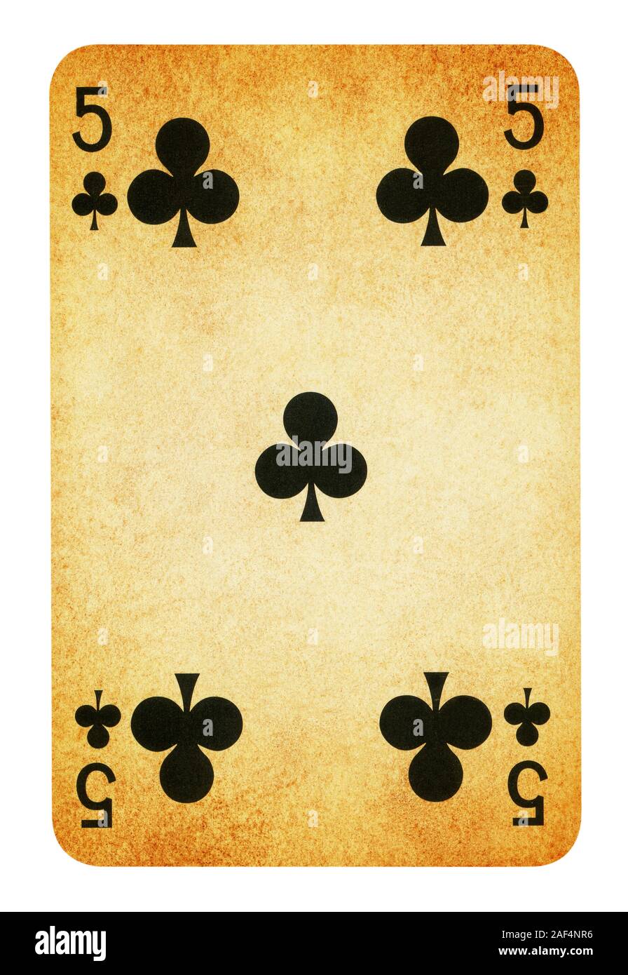 Five of Clubs Vintage playing card - isolated on white (clipping path ...