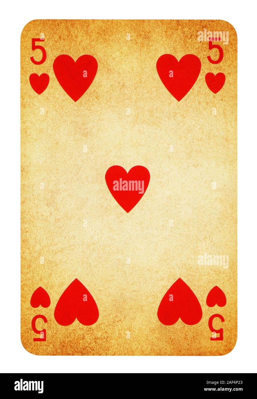 Five of Hearts Vintage playing card - isolated on white (clipping path ...