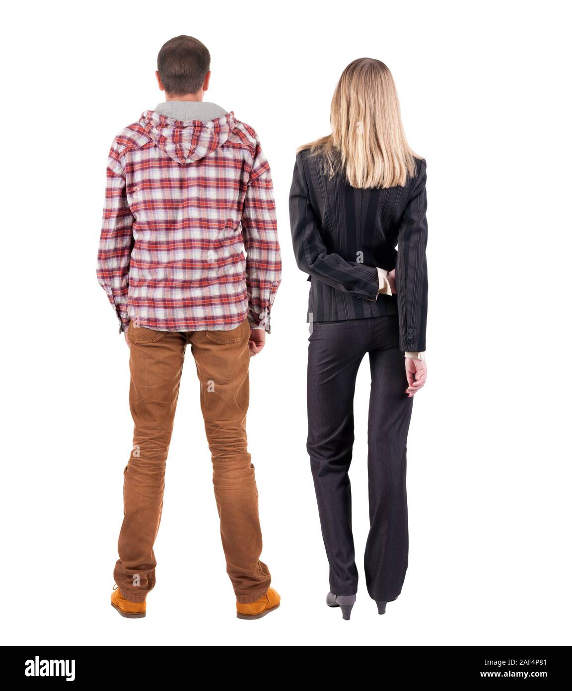 Back view of couple. beautiful friendly girl and guy together. Rear ...