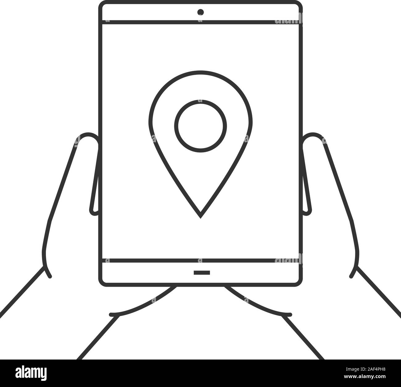Hands holding tablet computer linear icon. Gps navigation. Thin line ...