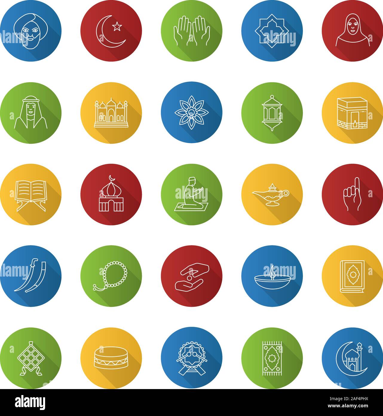 Islamic culture flat linear long shadow icons set. Muslim attributes ...