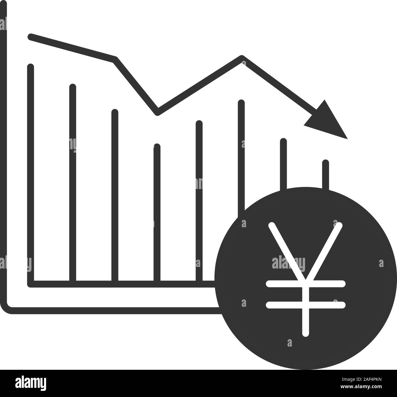 Yen rate falling glyph icon. Statistics diagram with China and Japan currency sign. Silhouette ...