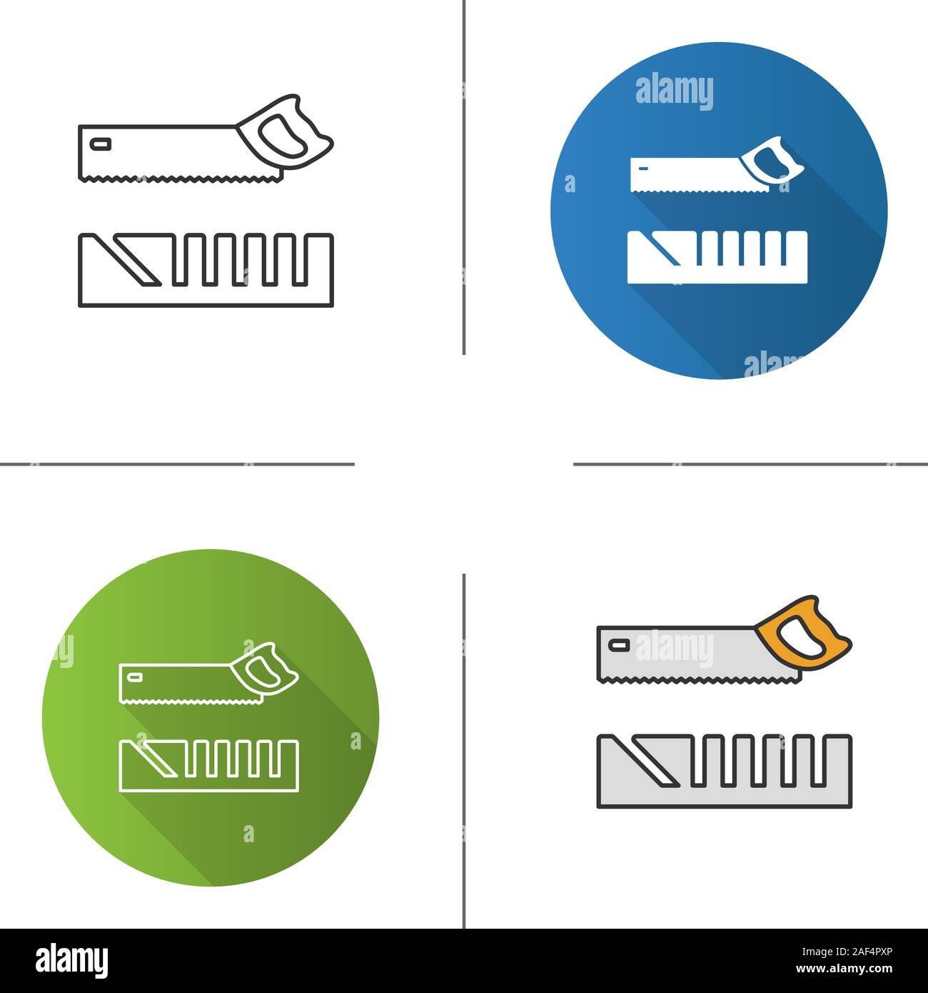 Mitre box and handle pad saw icon. Flat design, linear and color styles ...