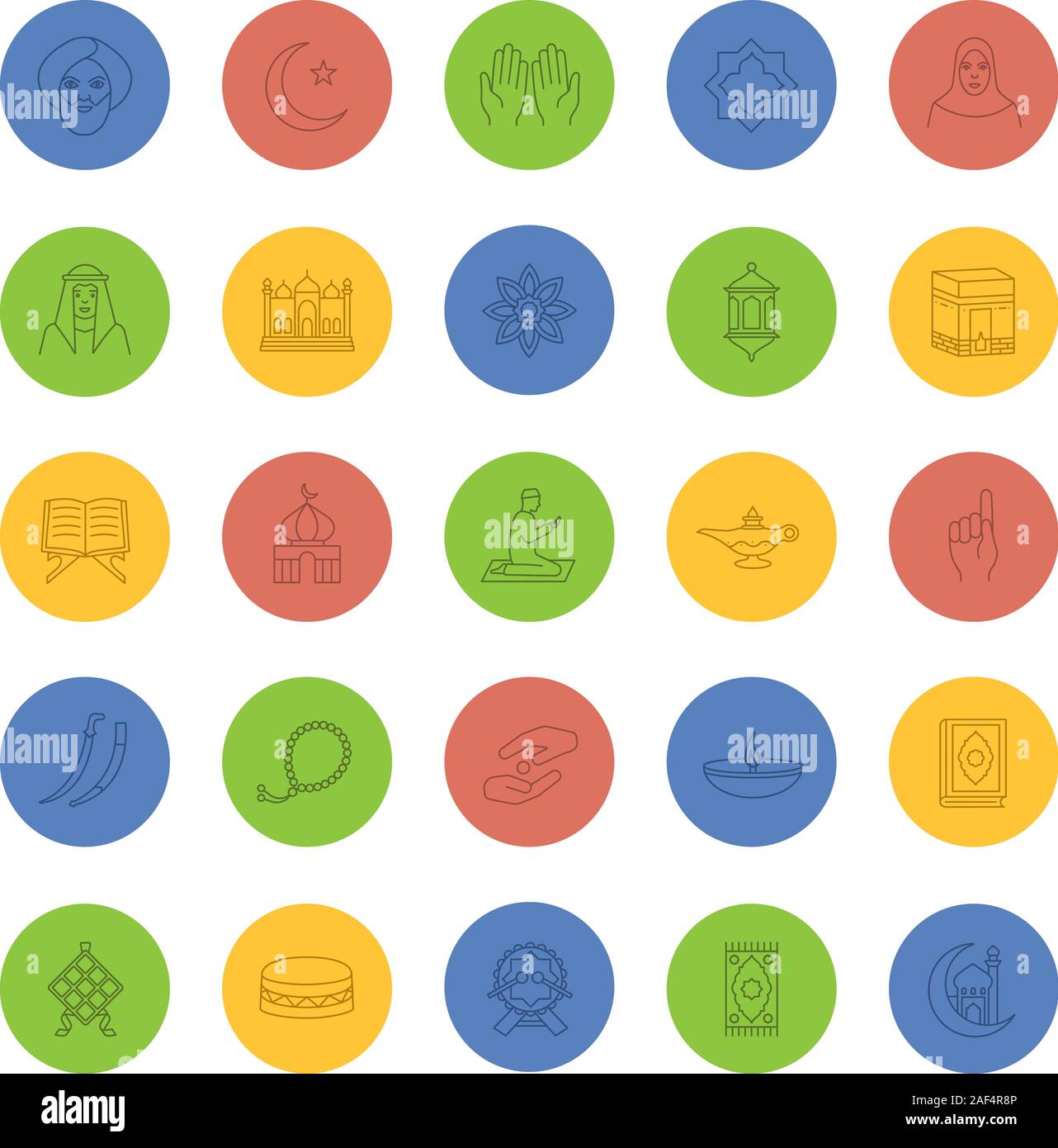 Islamic culture linear icons set. Thin line outline symbols on color ...