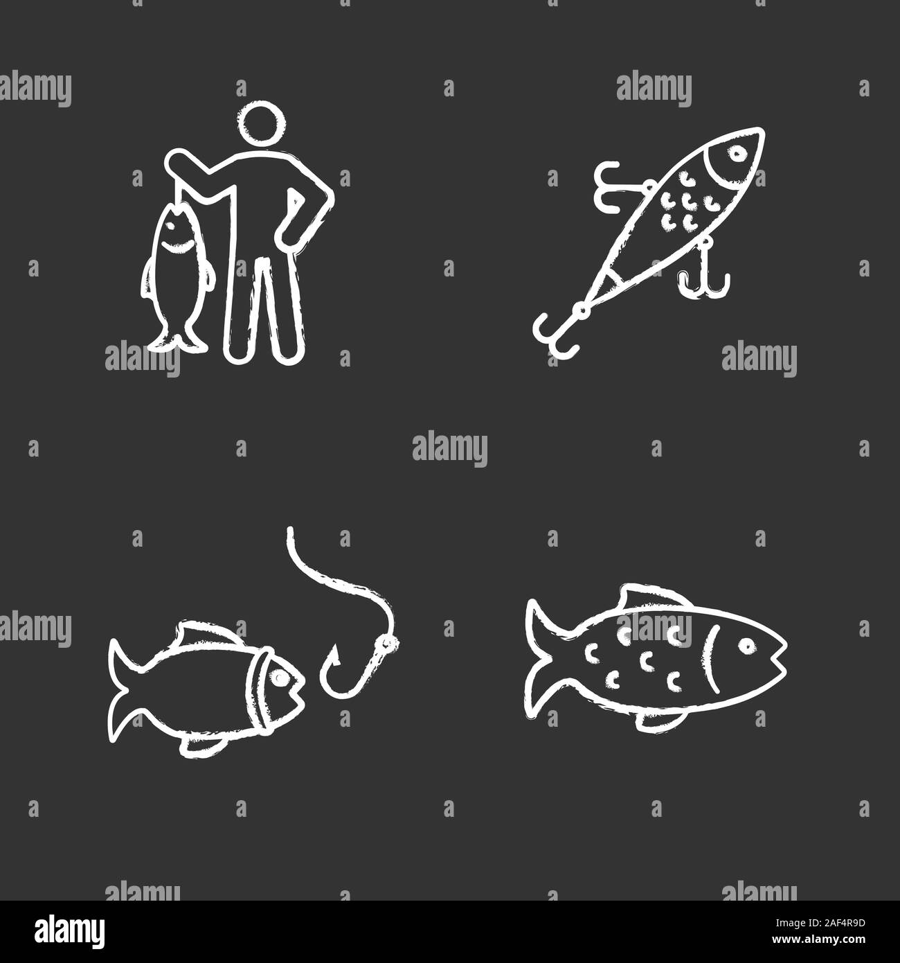Fishing chalk icons set. Fisherman, lure, fish and hook. Isolated ...