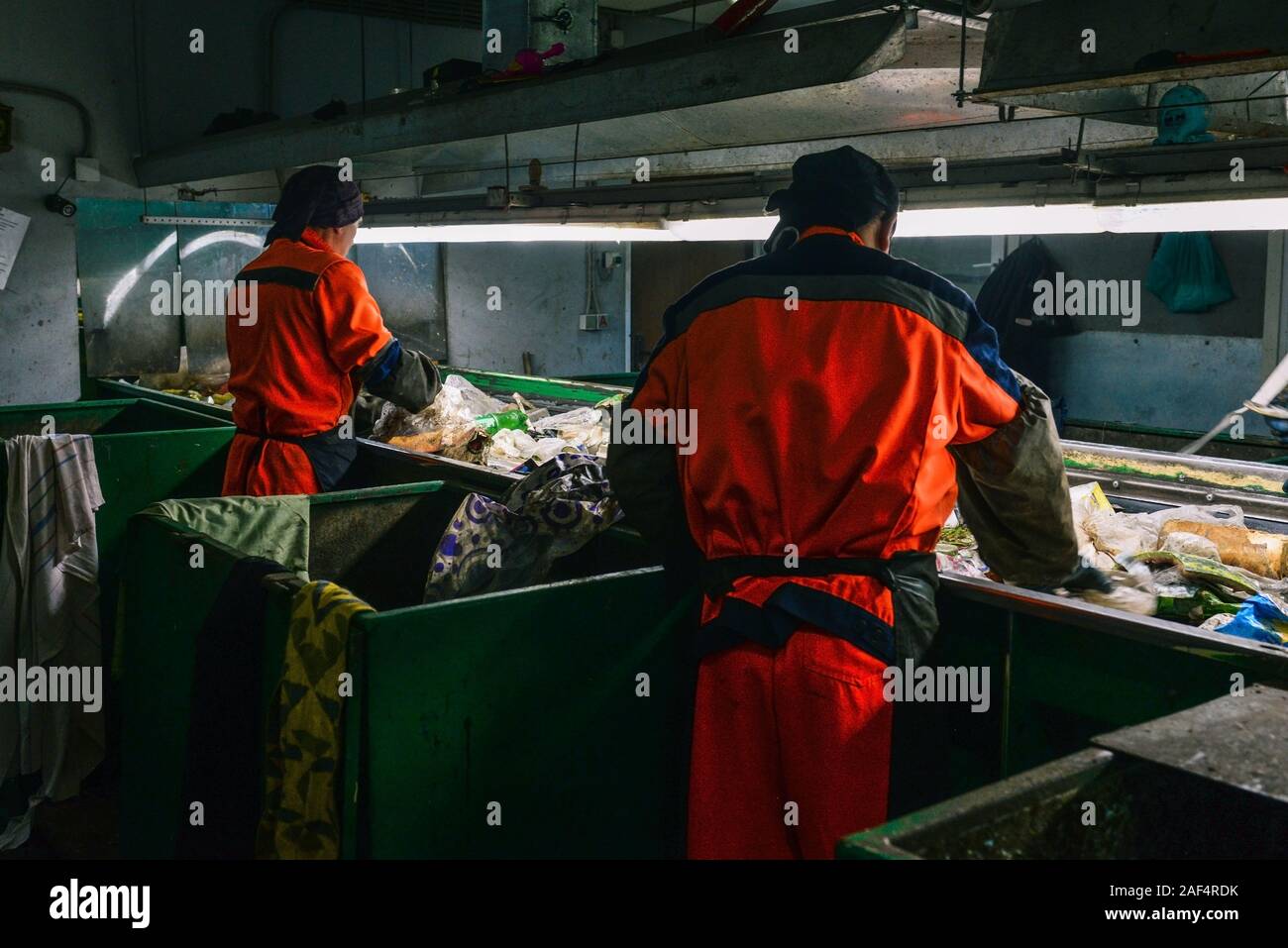 Worker at a waste processing plant. A man sorts rubbish with his hands ...