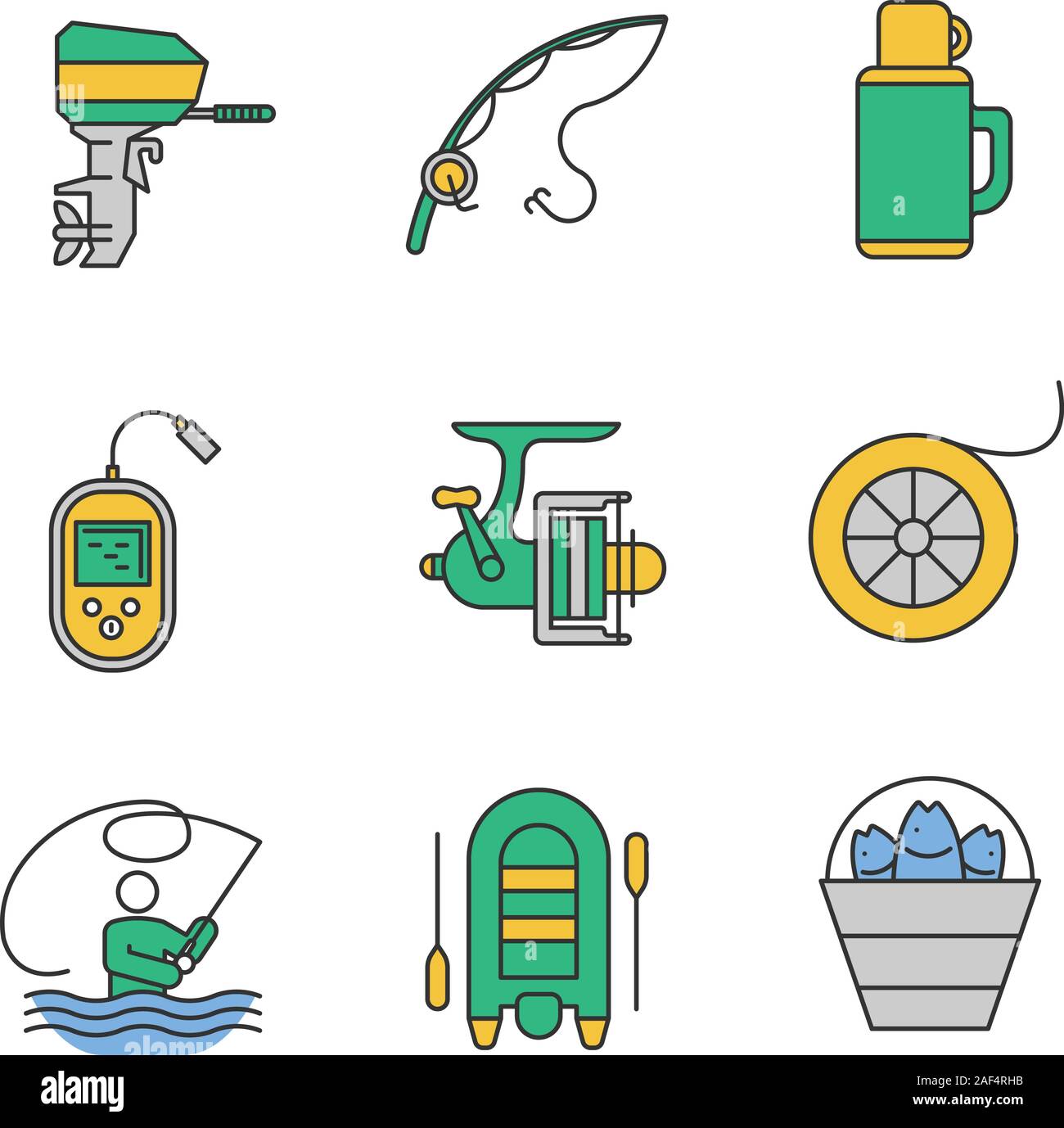 Fishing color icons set. Outboard boat motor, fisherman, thermos, echo ...