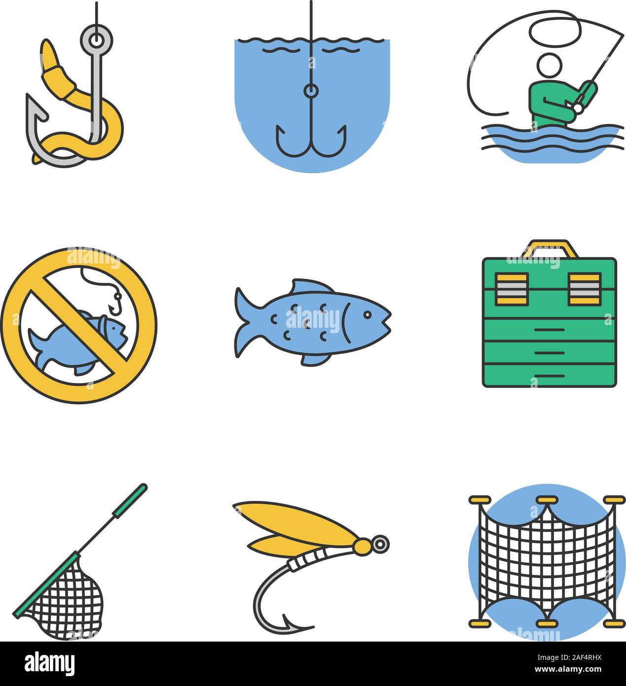 Fishing color icons set. No fishing sign, tackle box, landing nets, fly ...