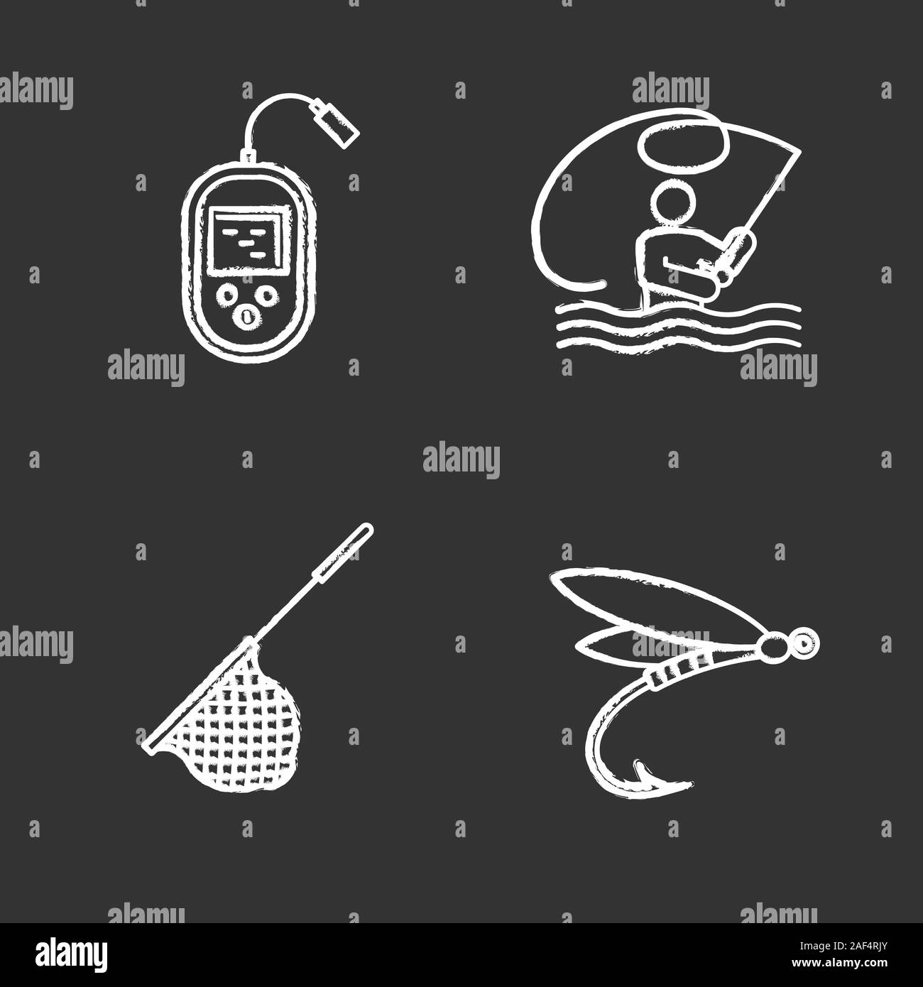 Fishing chalk icons set. Fly fishing, echo sounder, landing net, insect ...