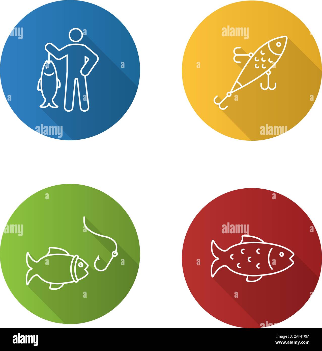 Fishing flat linear long shadow icons set. Fisherman, lure, fish and ...