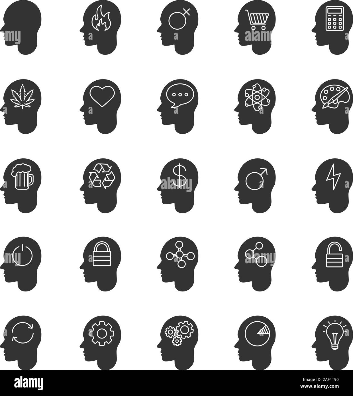 Inside head glyph icons set. Human mind. Silhouette symbols. Thoughts ...