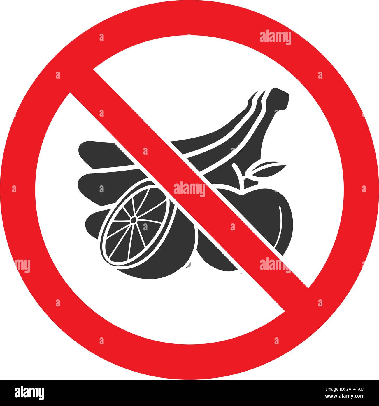 Forbidden sign with fruit glyph icon. Stop silhouette symbol. Bananas ...