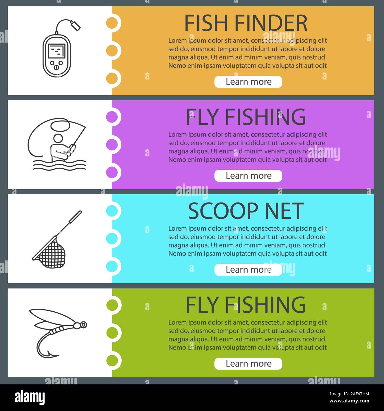 Fishing web banner templates set. Fly fishing, echo sounder, landing ...