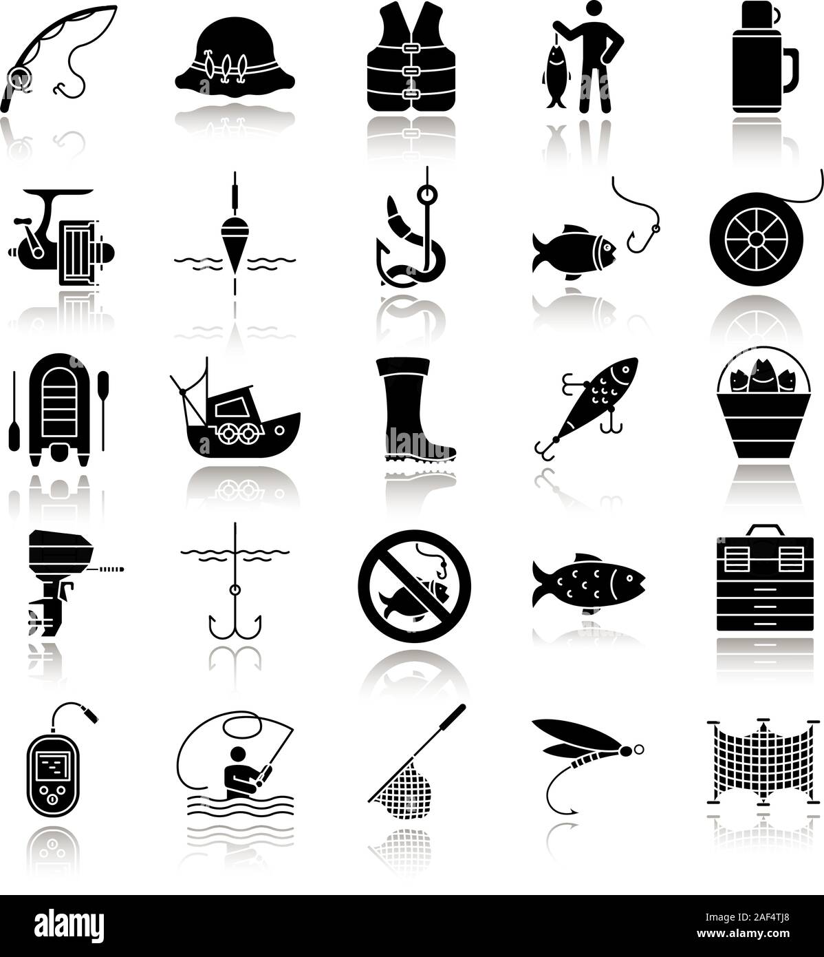 Fishing drop shadow black glyph icons set. Angling equipment. Fish ...