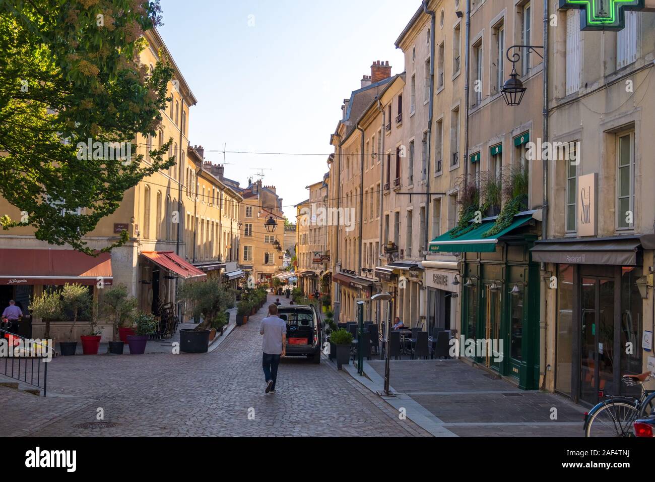 Nancy, France - August 31, 2019: Street view with stores, cafes and ...