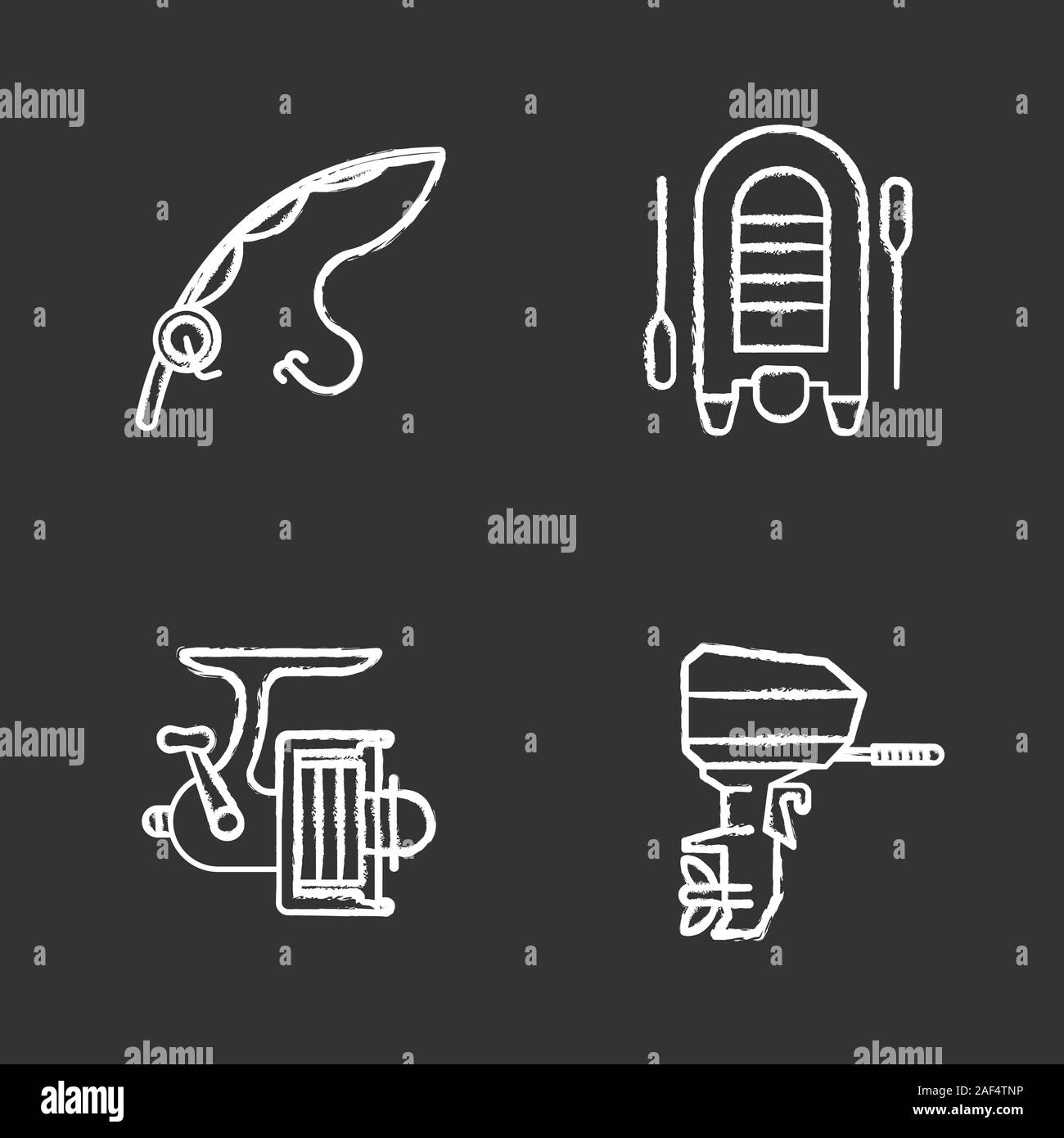 Fishing chalk icons set. Spinning rod and reel, motor boat. Isolated ...