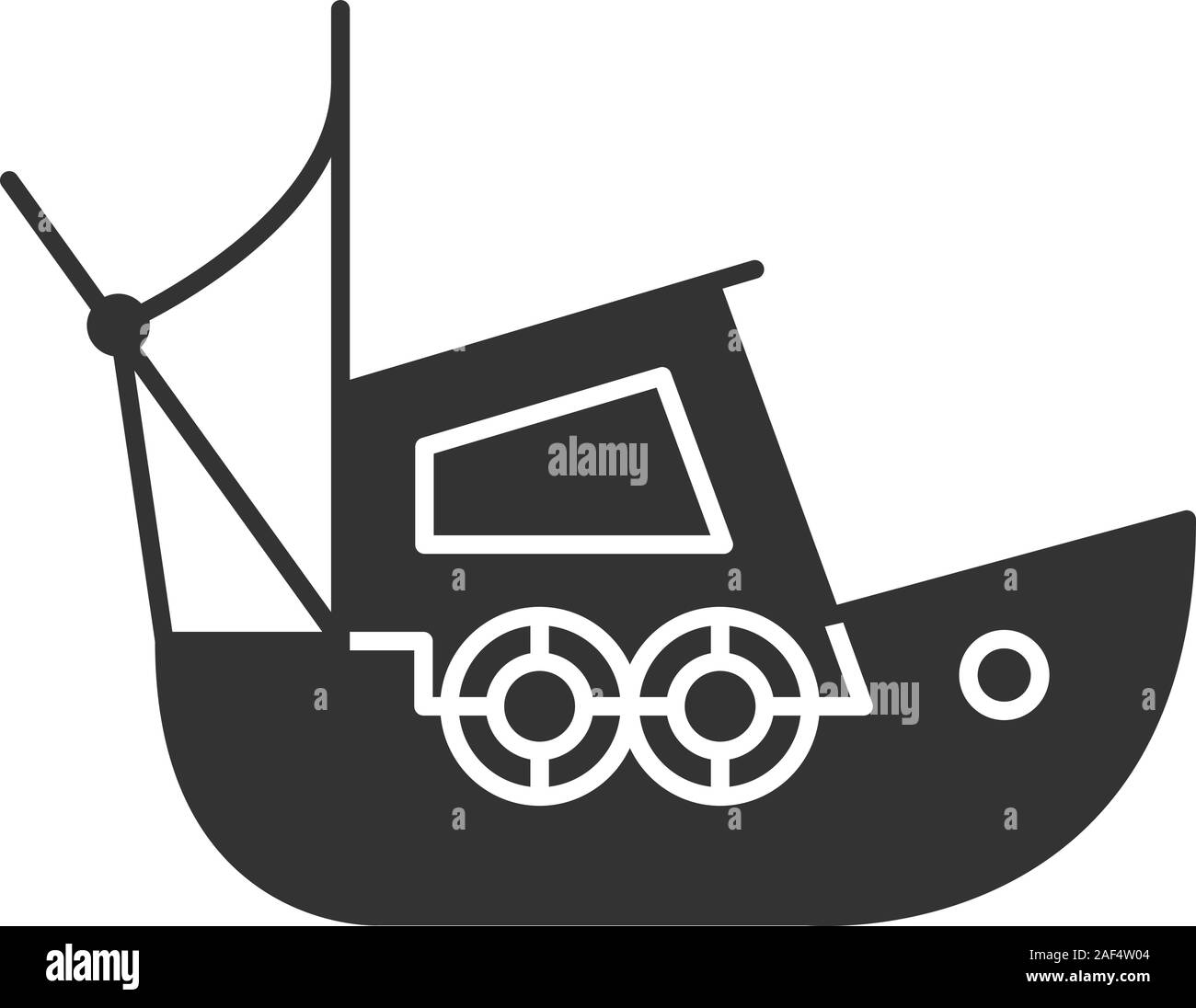 Fisher boat glyph icon. Coble. Yacht. Silhouette symbol. Negative space ...