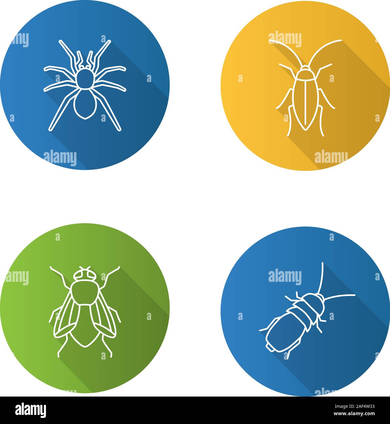 Insects flat linear long shadow icons set. Spider, cockroach, housefly ... Insects flat linear long shadow icons set. Spider, cockroach, housefly ...