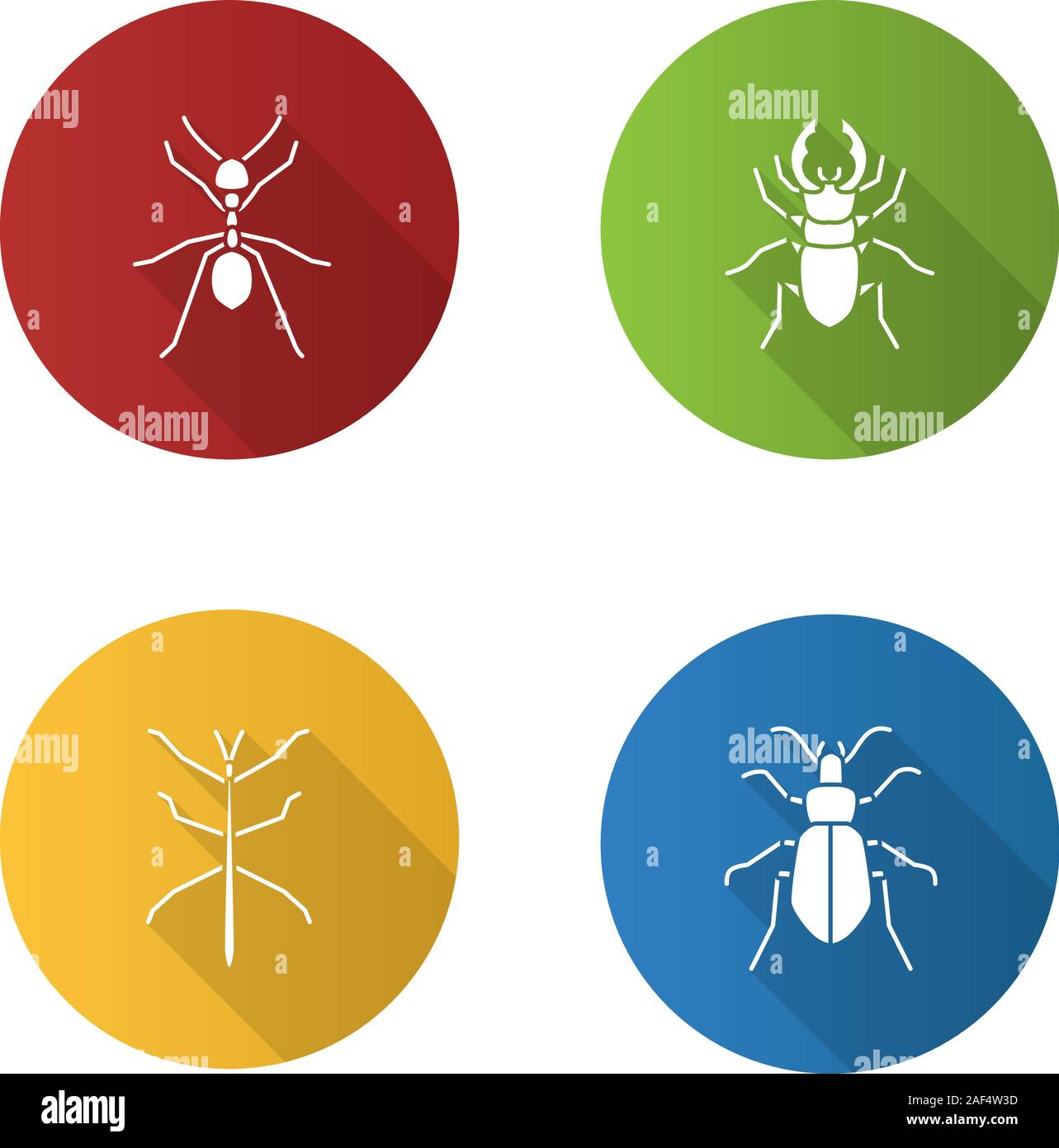 Insects flat design long shadow glyph icons set. Ant, stag beetle ...