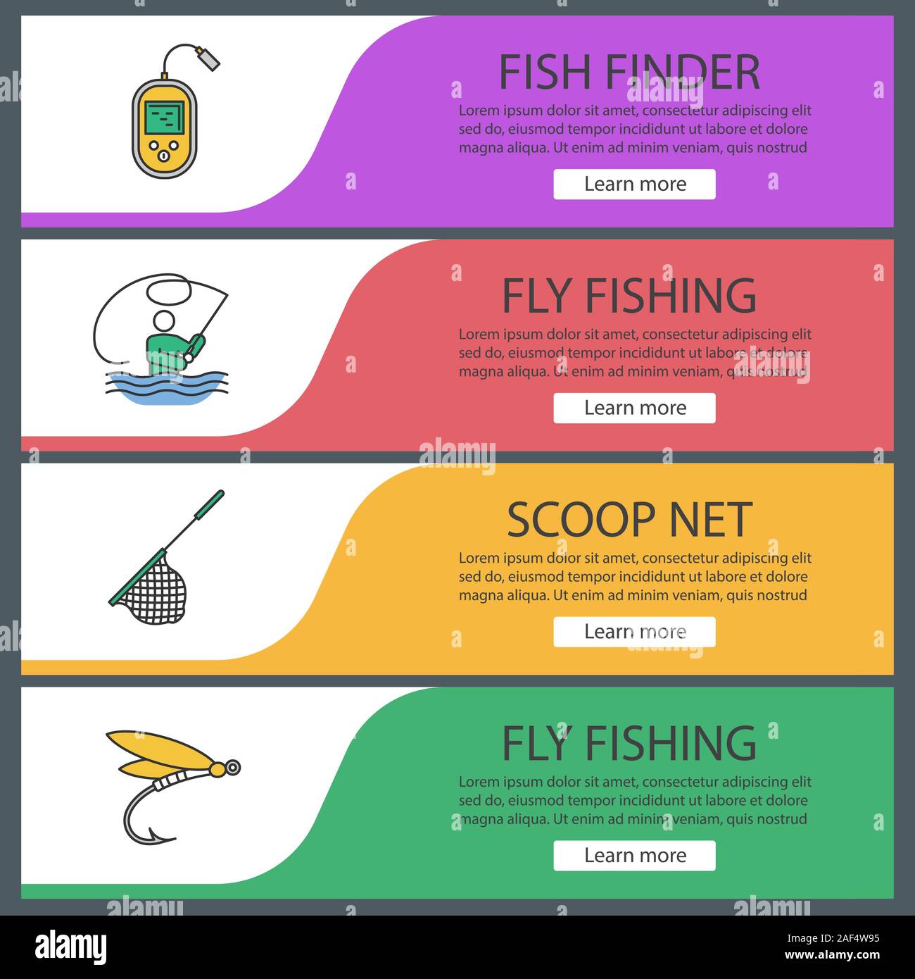 Fishing web banner templates set. Fly fishing, echo sounder, landing ...