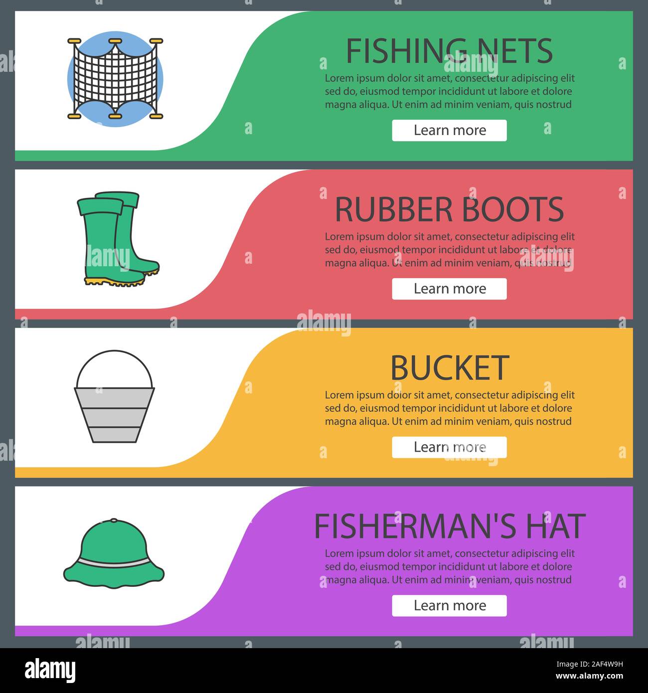 Fishing web banner templates set. Fishnets, bucket, rubber boots ...