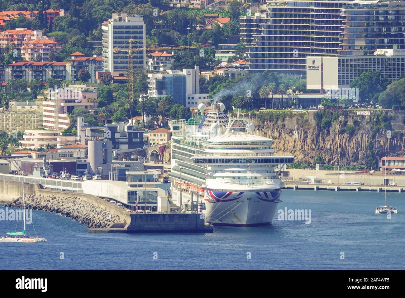 The P&O Cruises ship, Ventura, docked in the port of Funchal, Madeira ...