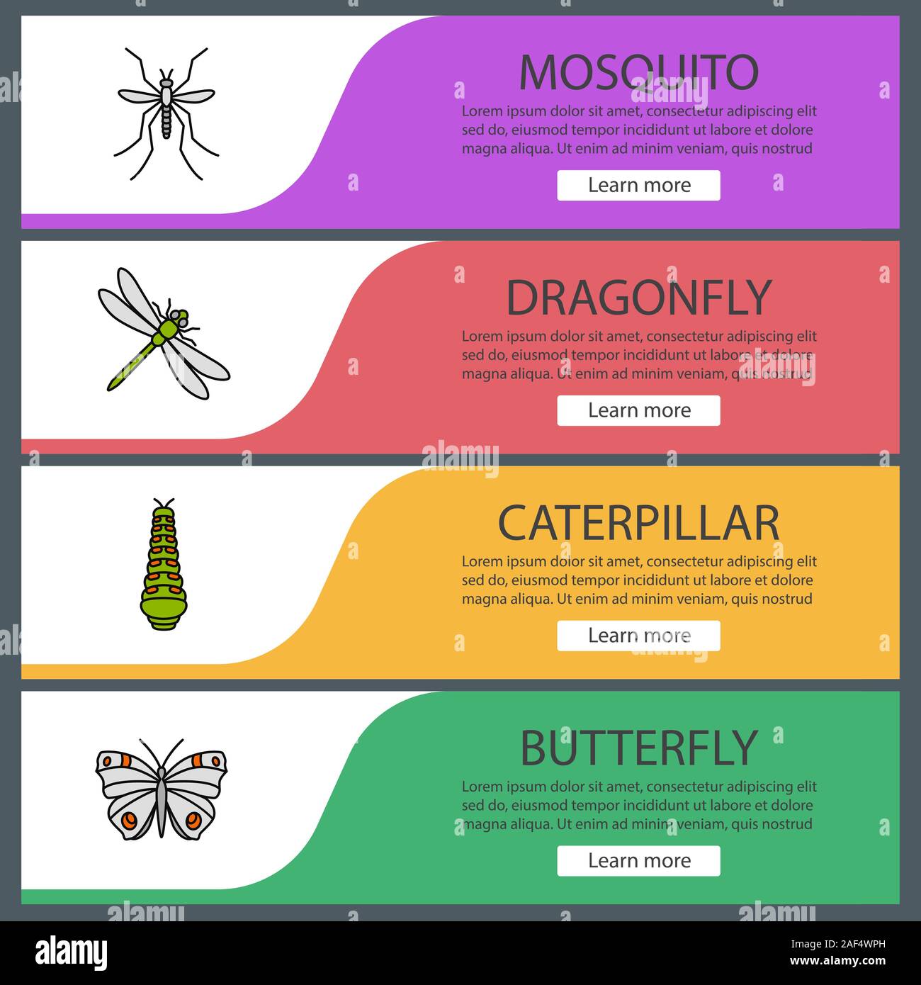 Insects web banner templates set. Dragonfly, mosquito, caterpillar ...