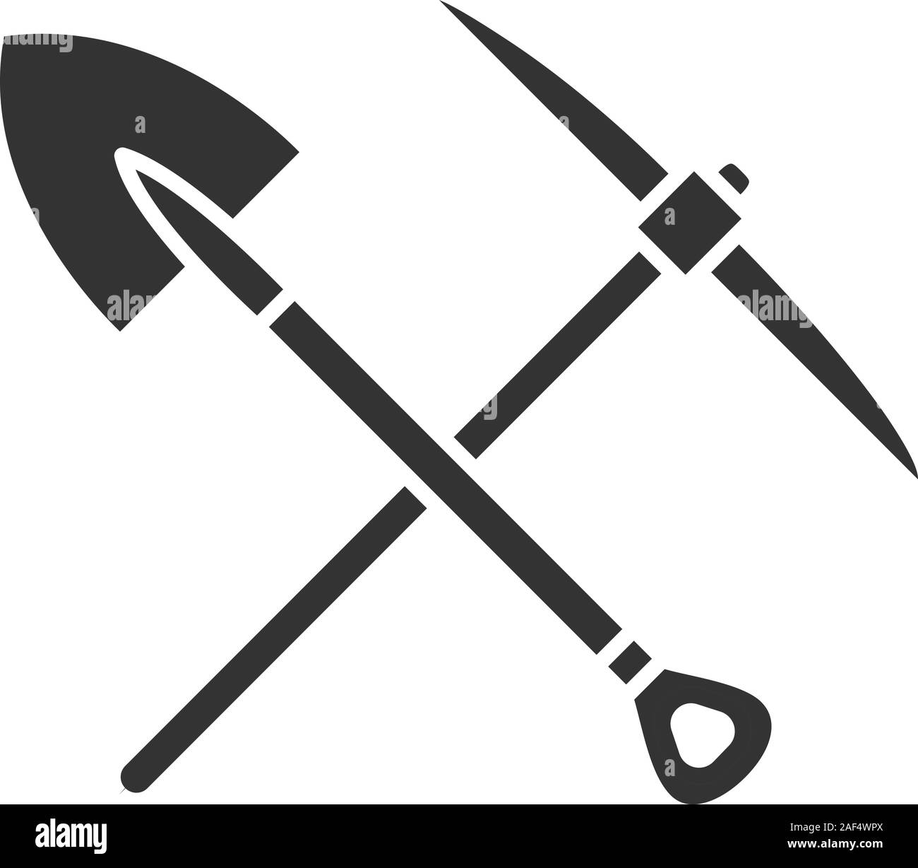 Crossed shovel and pickaxe glyph icon. Silhouette symbol. Pick axe and ...