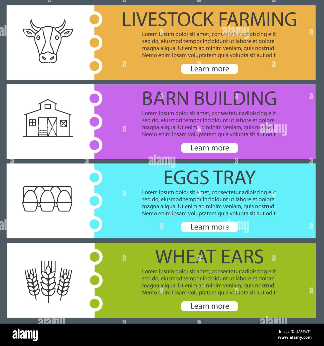 Agriculture web banner templates set. Cow head, barn building, eggs ...