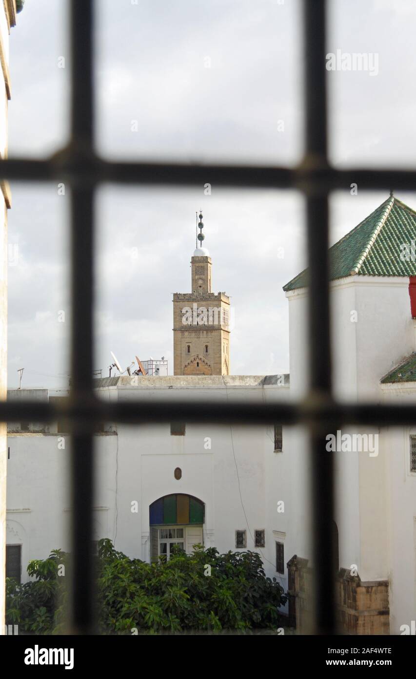 View of a minaret in the Habous Quarter (New Medina), Casablanca ...