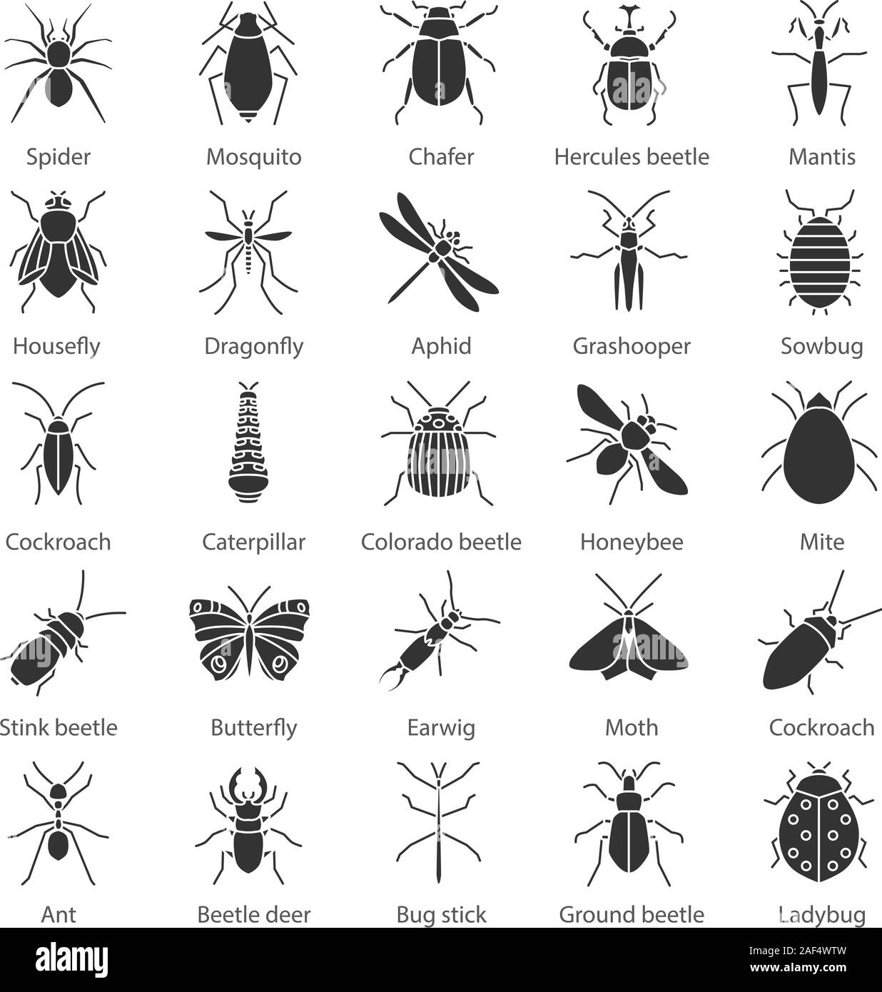 Insects glyph icons set. Bugs. Silhouette symbols. Entomologist ...