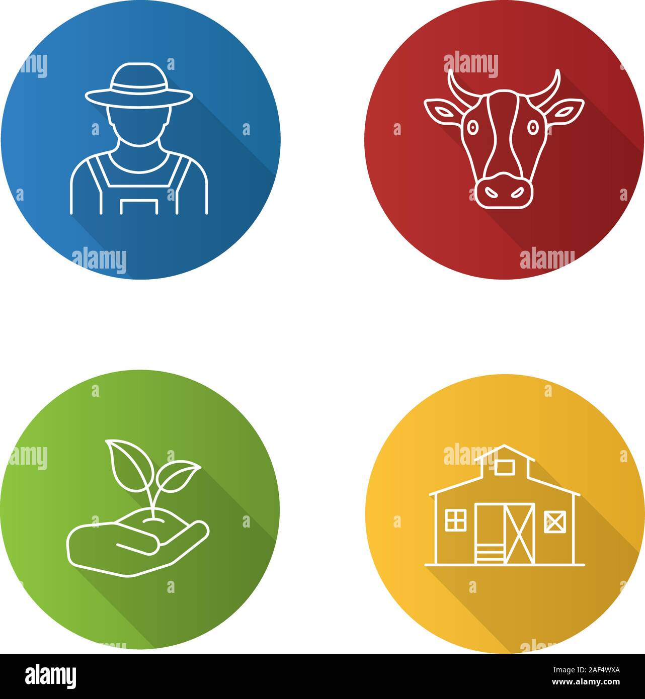 Agriculture flat linear long shadow icons set. Farmer, cow head, sprout ...