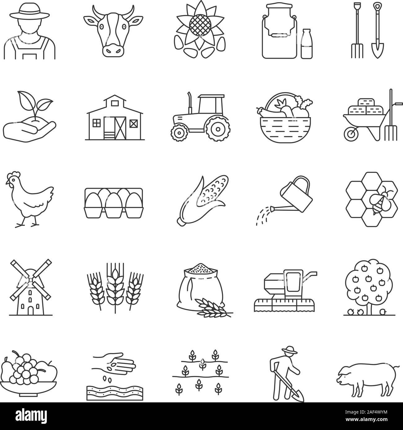 Agriculture linear icons set. Farming. Agricultural implement. Thin ...