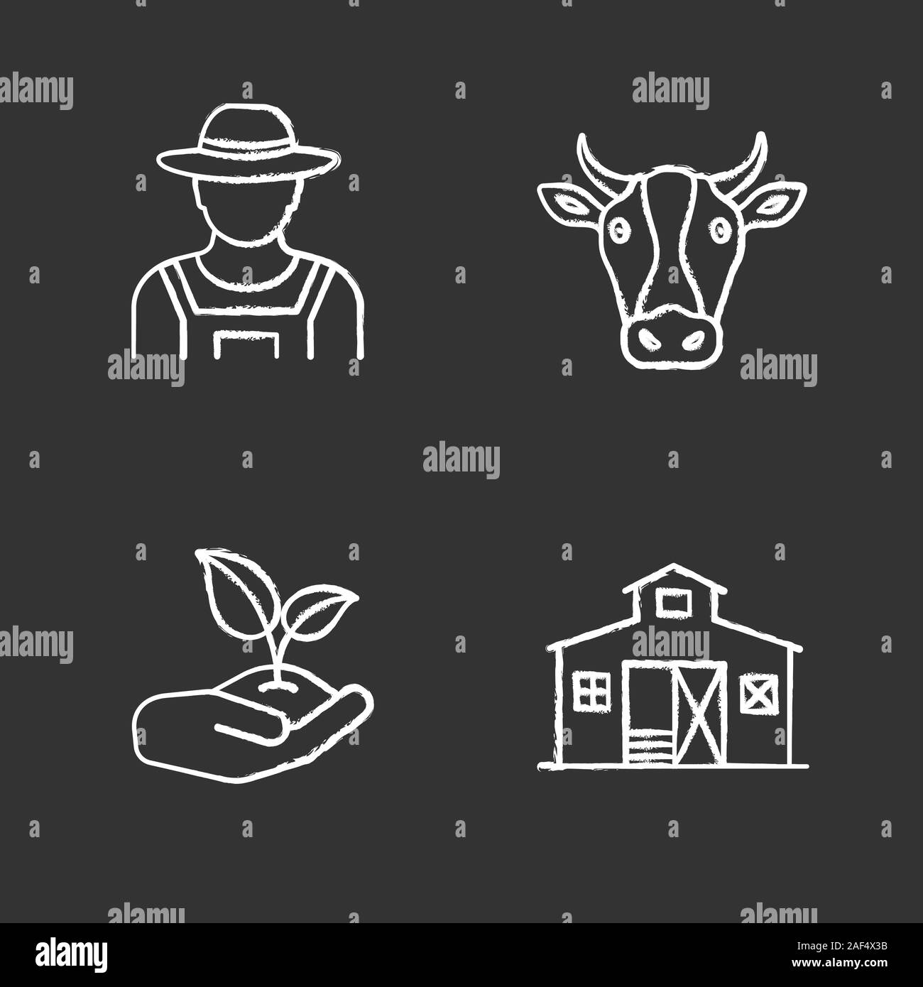 Agriculture chalk icons set. Farmer, cow head, sprout in hand, barn ...