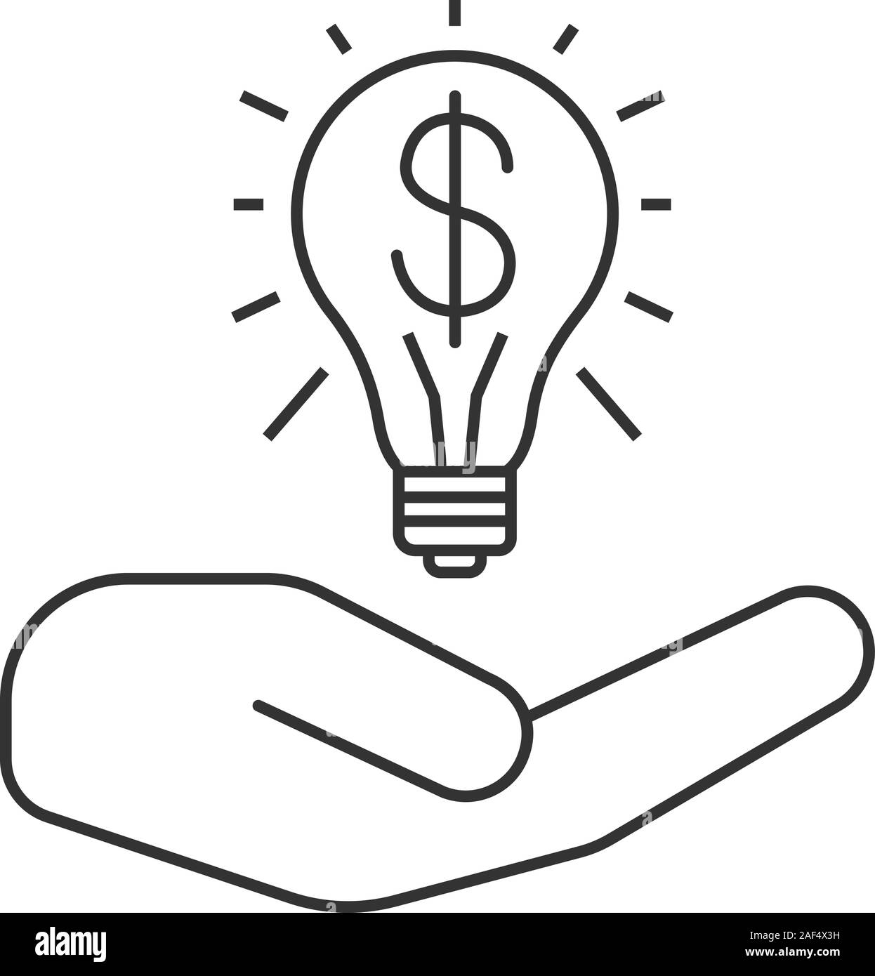 Open hand with light bulb and dollar sign linear icon. Business idea ...