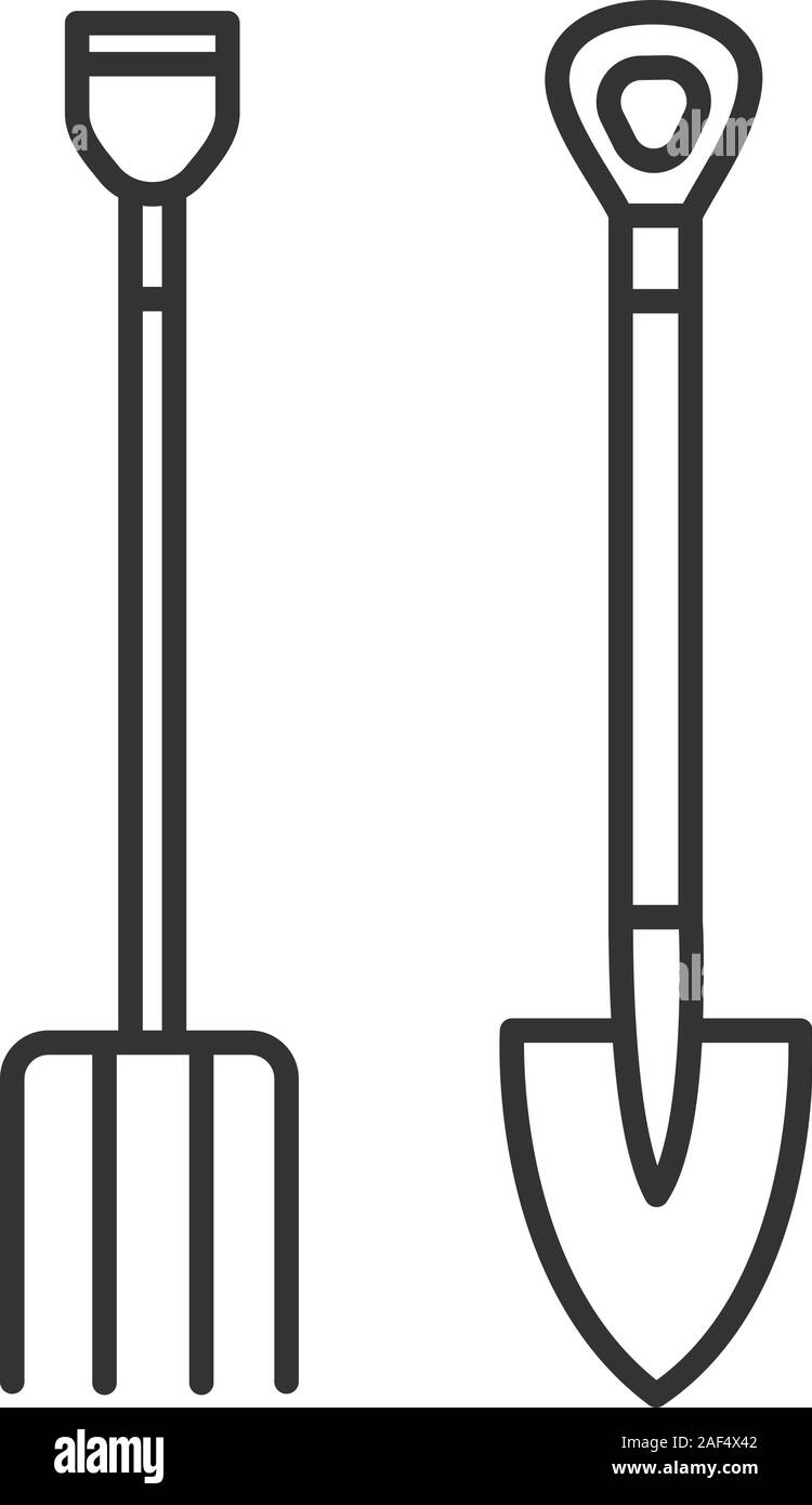 Pitchfork and shovel linear icon. Agricultural tools. Thin line ...