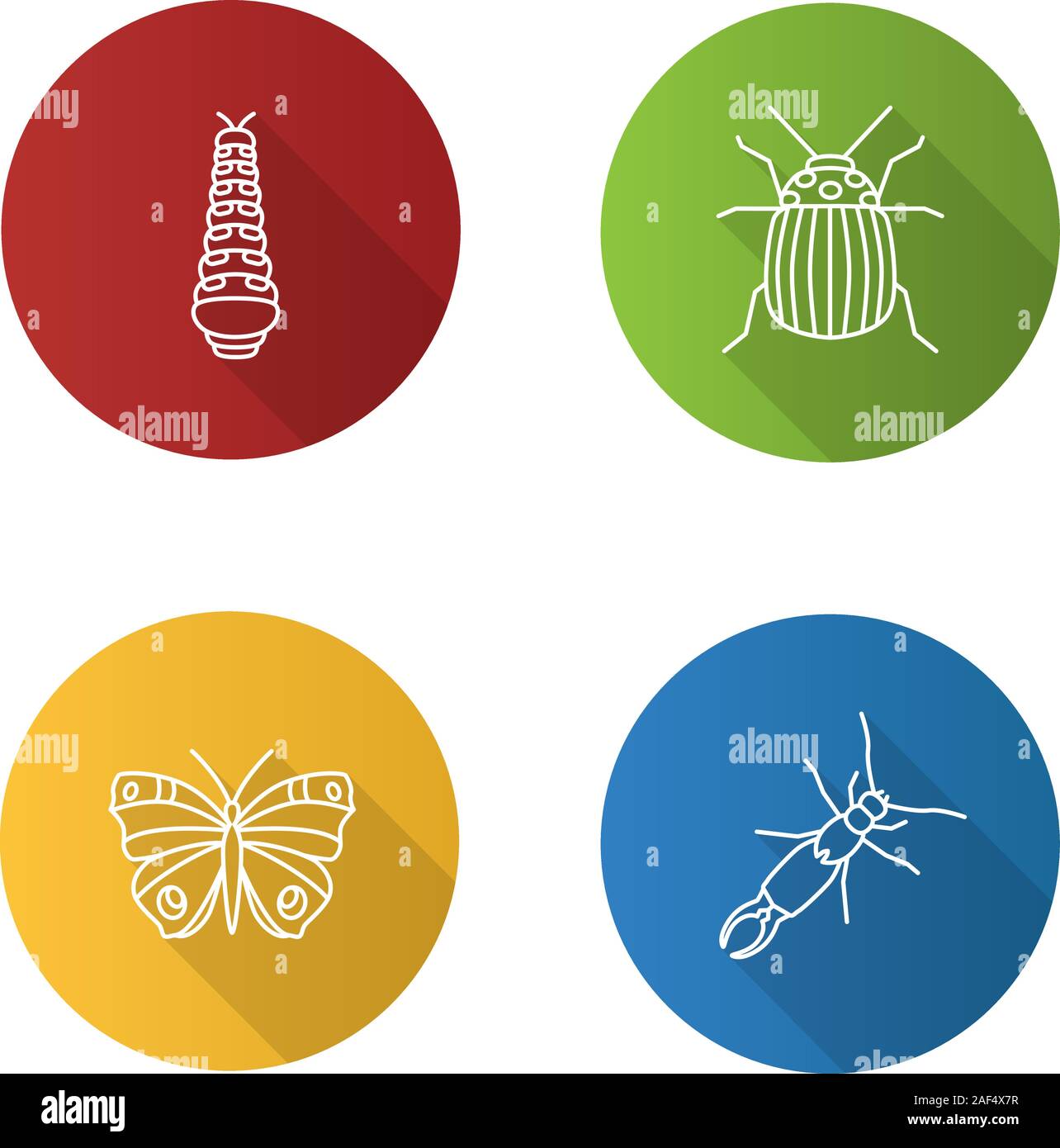 Insects flat linear long shadow icons set. Caterpillar, colorado beetle ...