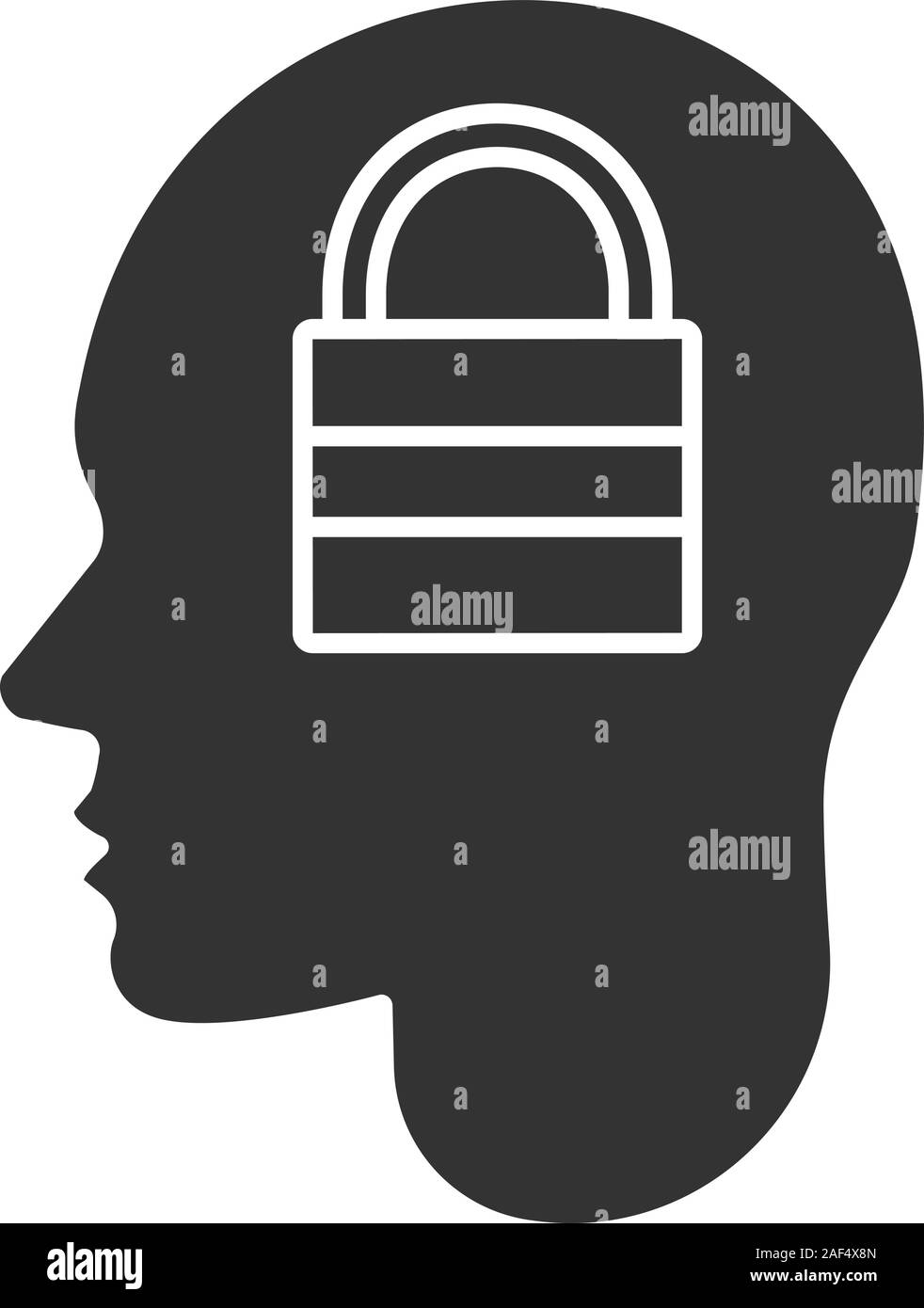 Human head with closed padlock inside glyph icon. Silhouette symbol ...