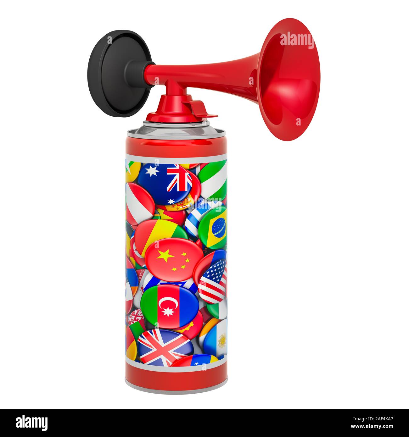 Sport air horn with world flags, 3D rendering isolated on white ...