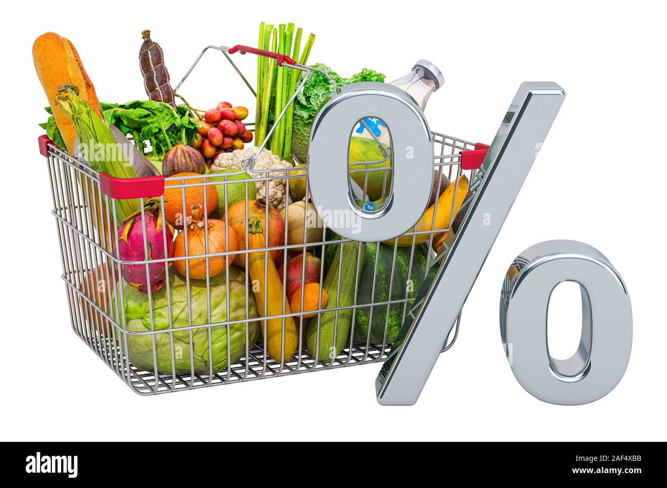 Shopping basket full of products with percent, 3D rendering isolated on ...