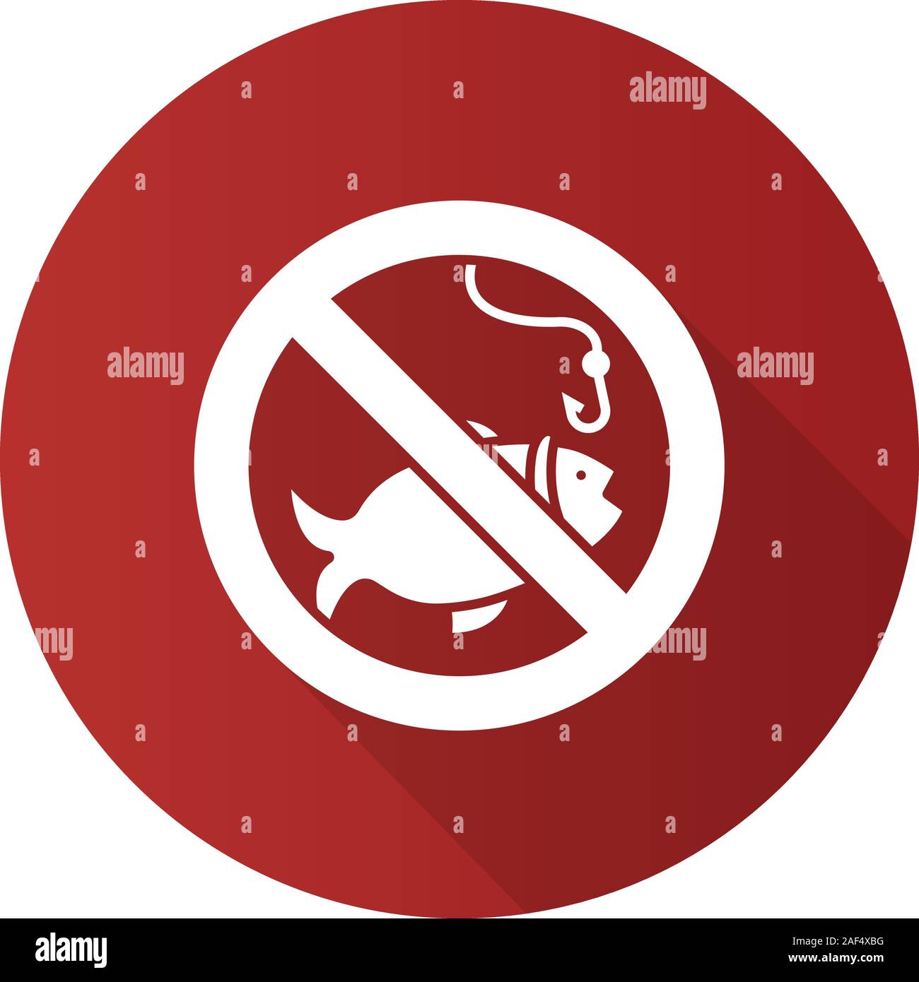 Forbidden sign with fish flat design long shadow glyph icon. No fishing ...