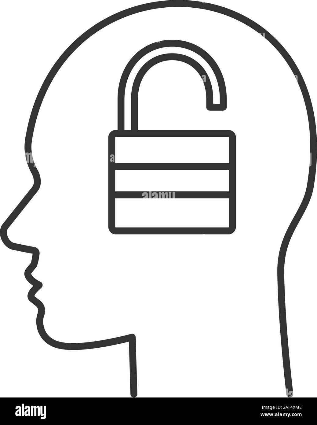 Human head with open lock inside linear icon. Password. Thin line ...